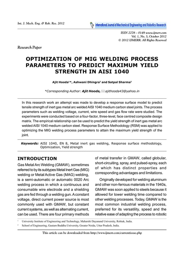 Optimization of mig welding process parameters for maximum yield strength in aisi 1040/EN 8 ...