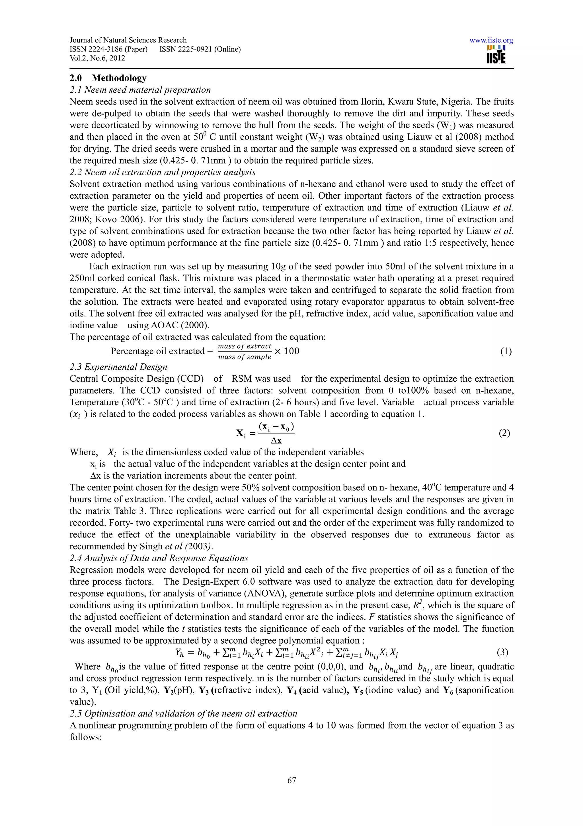 Optimization of neem seed oil extraction process using response surface ...