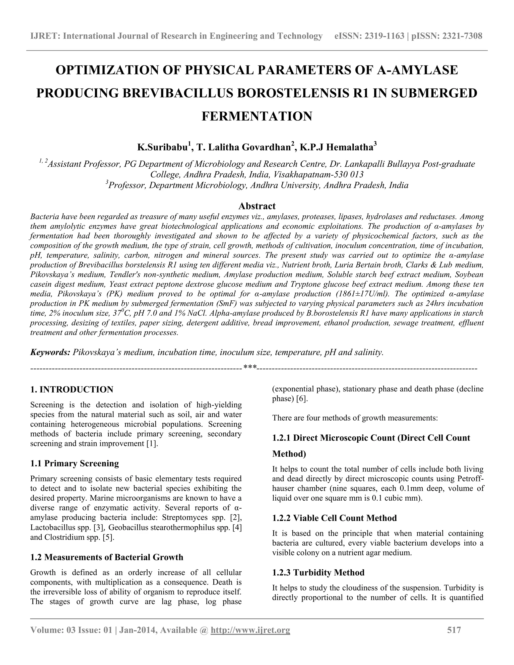 Optimization of physical parameters of α amylase producing brevibacillus borostelensis r1 in ...
