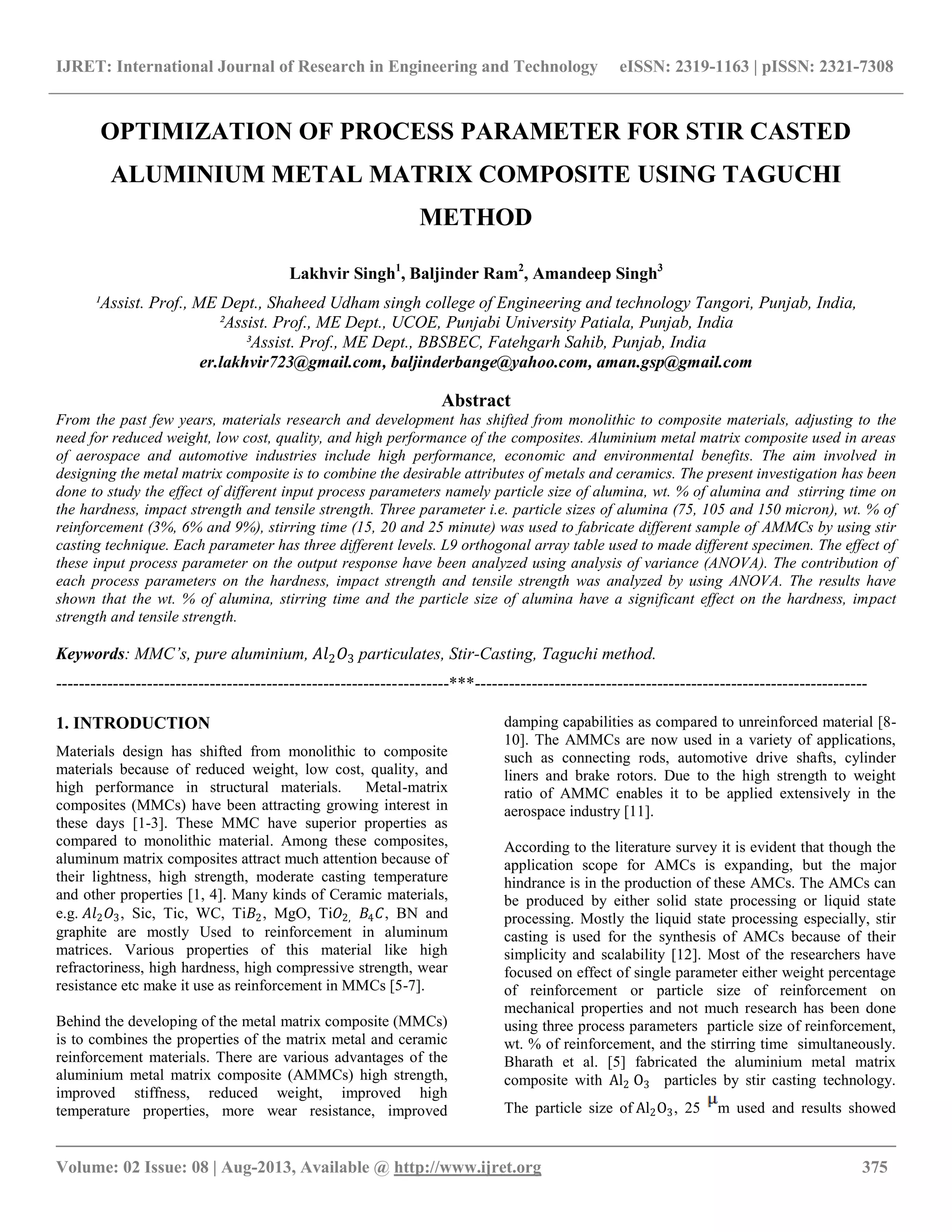 Optimization of process parameter for stir casted aluminium metal matrix composite using taguchi ...