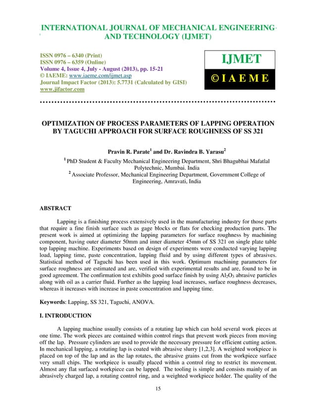 Optimization of process parameters of lapping operation by taguchi appr | PDF