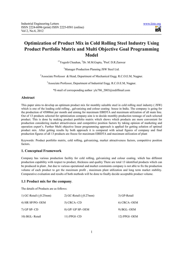 Optimization of product mix in cold rolling steel industry using product portfolio matrix and | PDF