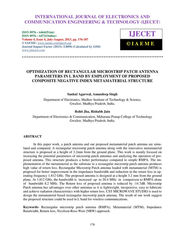 Optimization of rectangular microstrip patch antenna parameters in l band by e | PPT