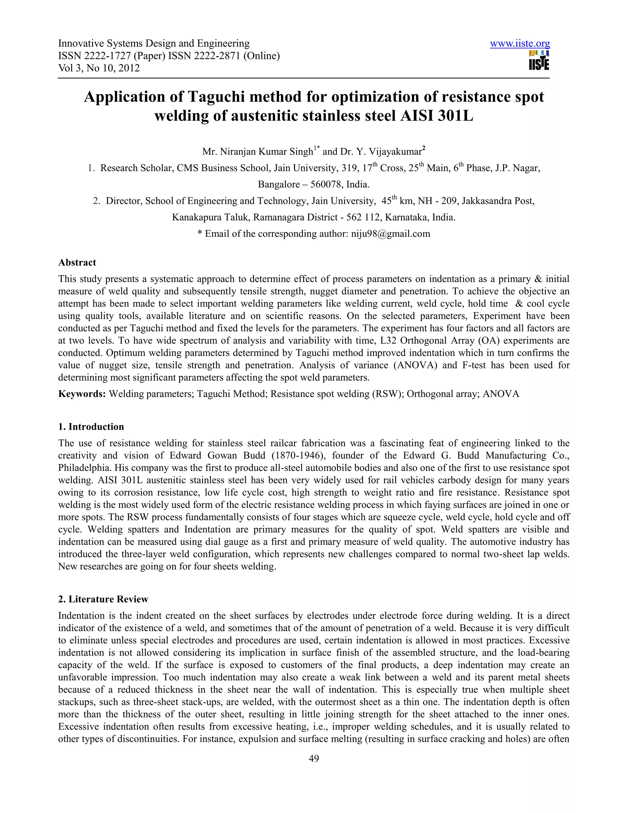 Optimization of resistance spot welding parameters for welding of stainless steel sheet using ...