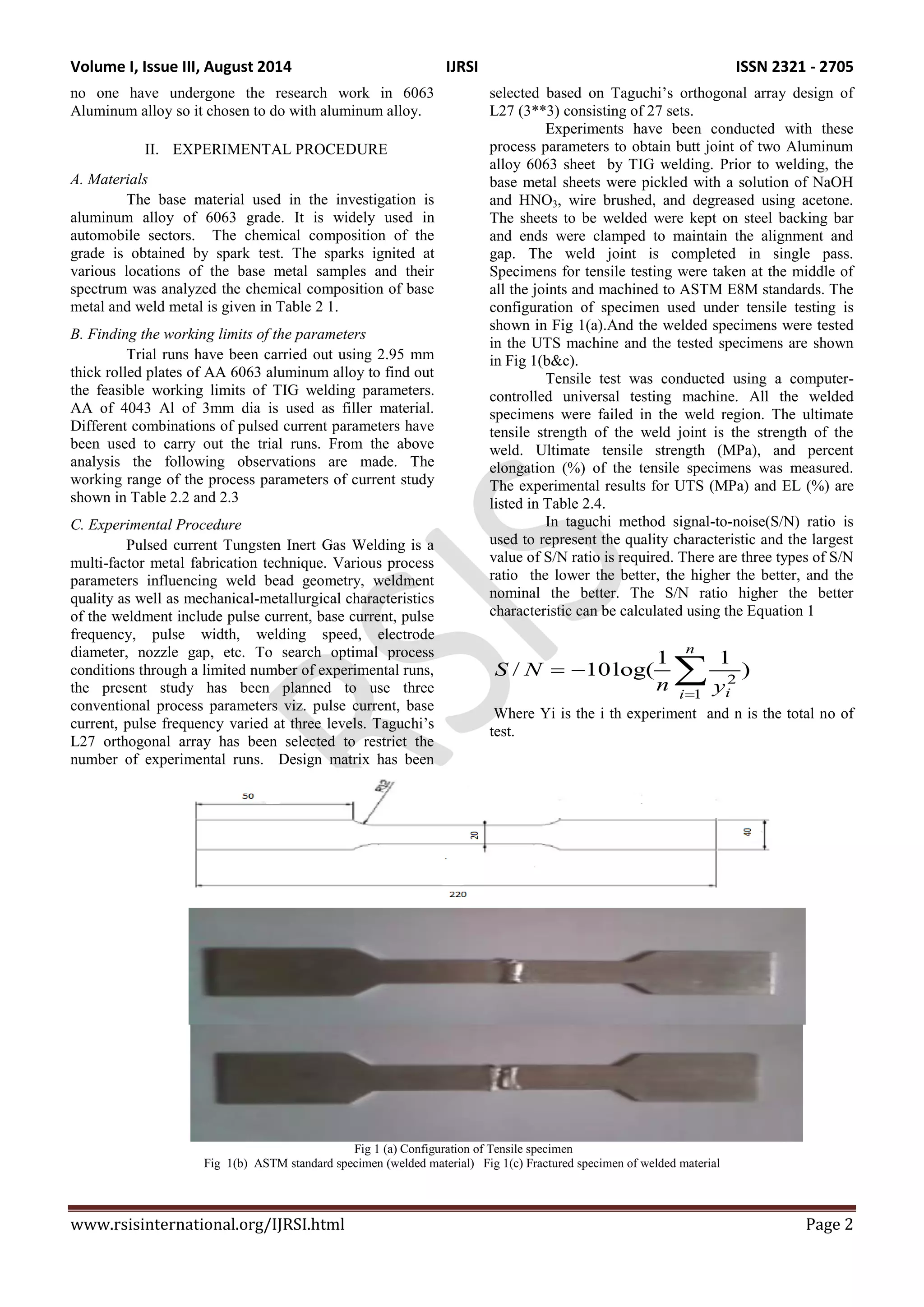 Optimization of tungsten inert gas welding on 6063 aluminum alloy on taguchi method | PDF | Free ...