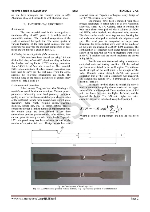 Optimization of tungsten inert gas welding on 6063 aluminum alloy on taguchi method | PDF | Free ...