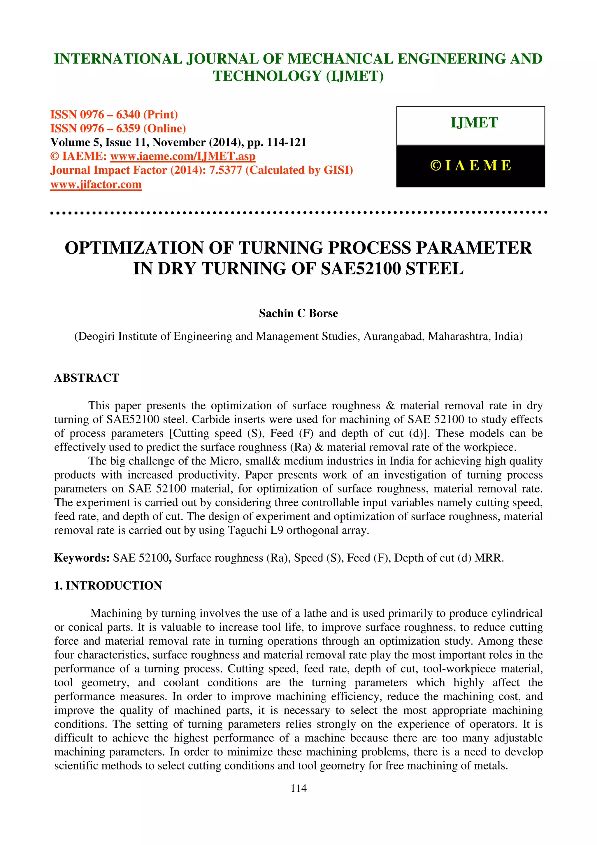 Optimization of turning process parameter in dry turning of sae52100 ...