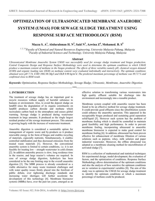 Optimization of ultrasonicated membrane anaerobic system (umas) for sewage sludge treatment ...