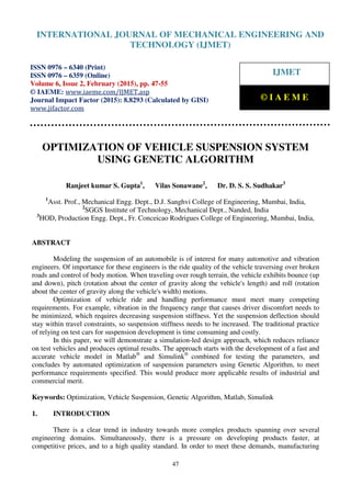 Optimization of vehicle suspension system using genetic algorithm | PDF
