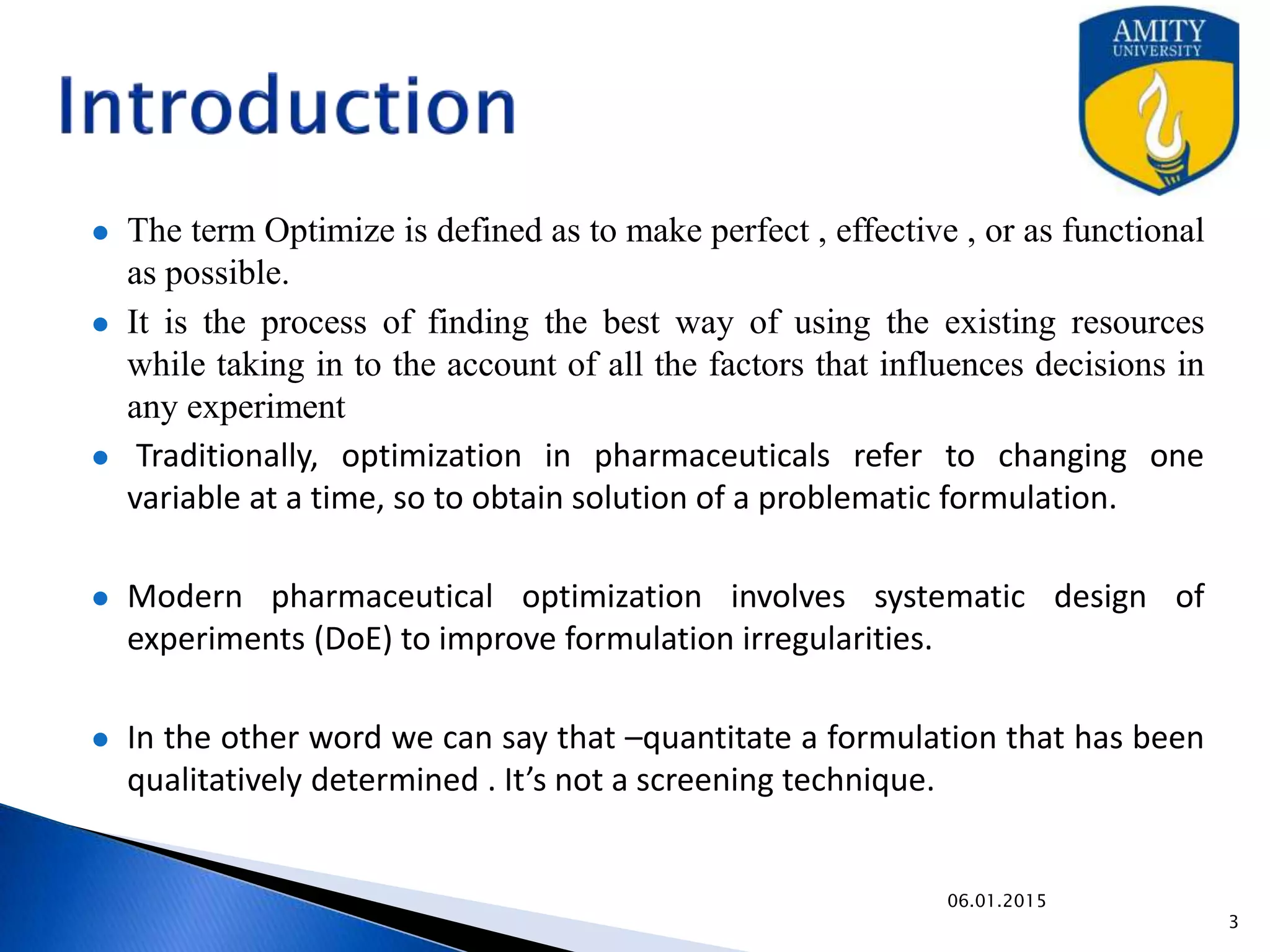 Optimization Techniques In Pharmaceutical Formulation & Processing | PPTX