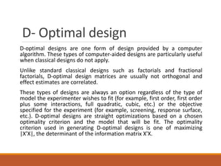 Optimization techniques in formulation Development- Plackett Burmann Design and D-Optimal | PPTX