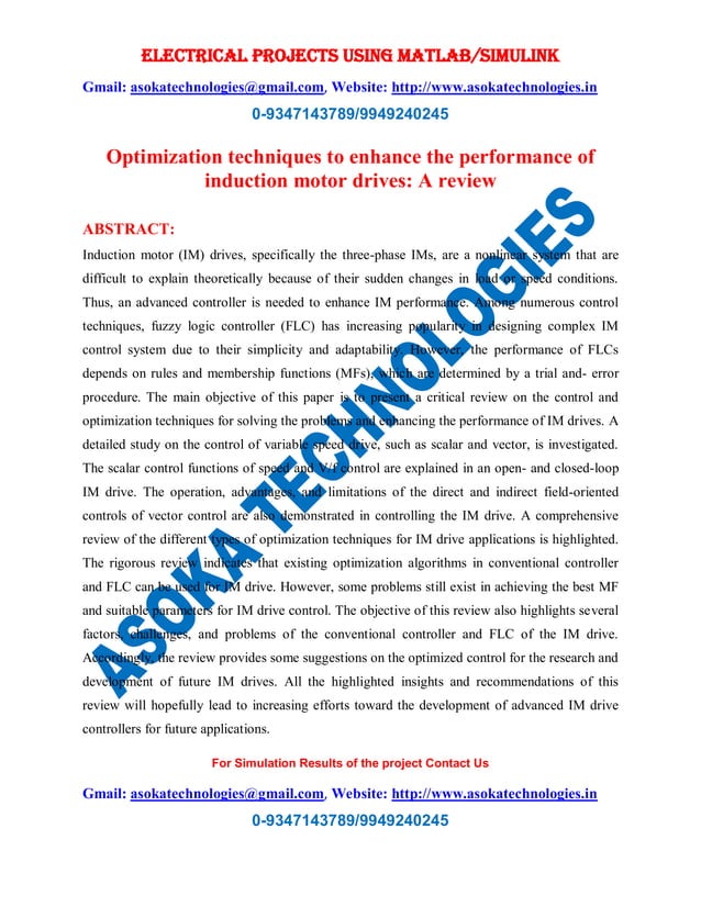 Optimization techniques to enhance the performance of induction motor drives: A review | PDF