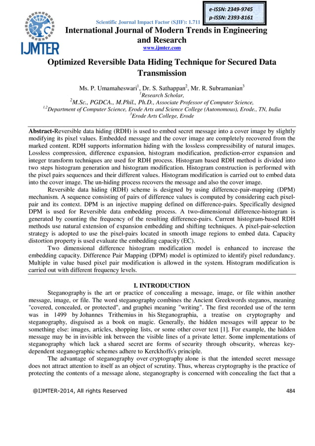 Optimized Reversible Data Hiding Technique for Secured Data Transmission | PDF | Photo Editing ...