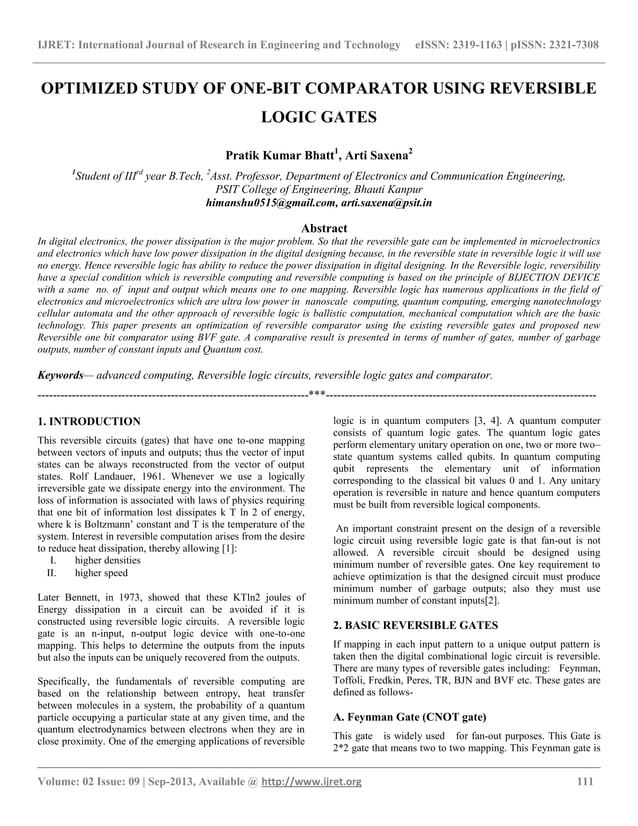 Optimized study of one bit comparator using reversible logic gates ...