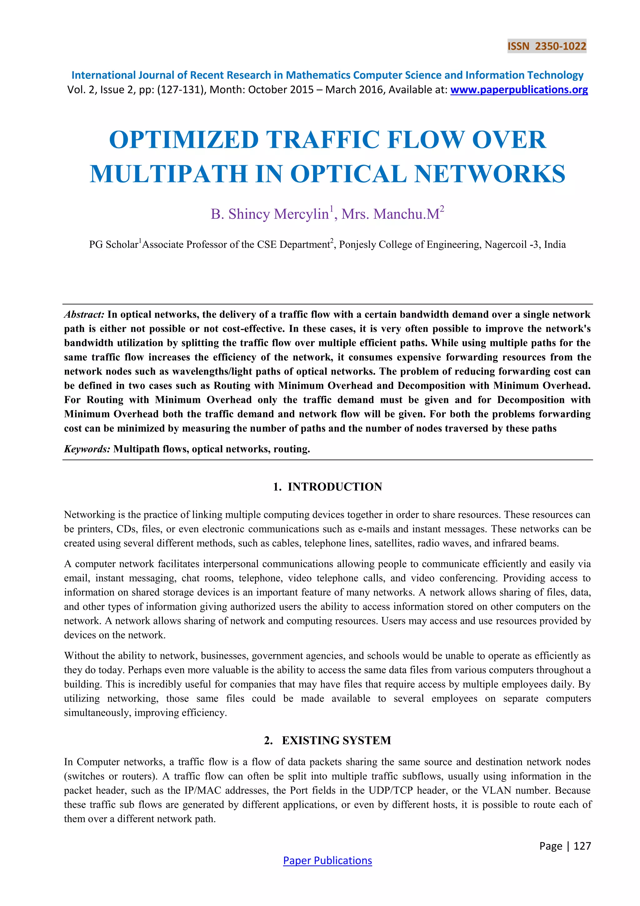 Optimized Traffic Flow over Multipath in Optical Networks | PDF