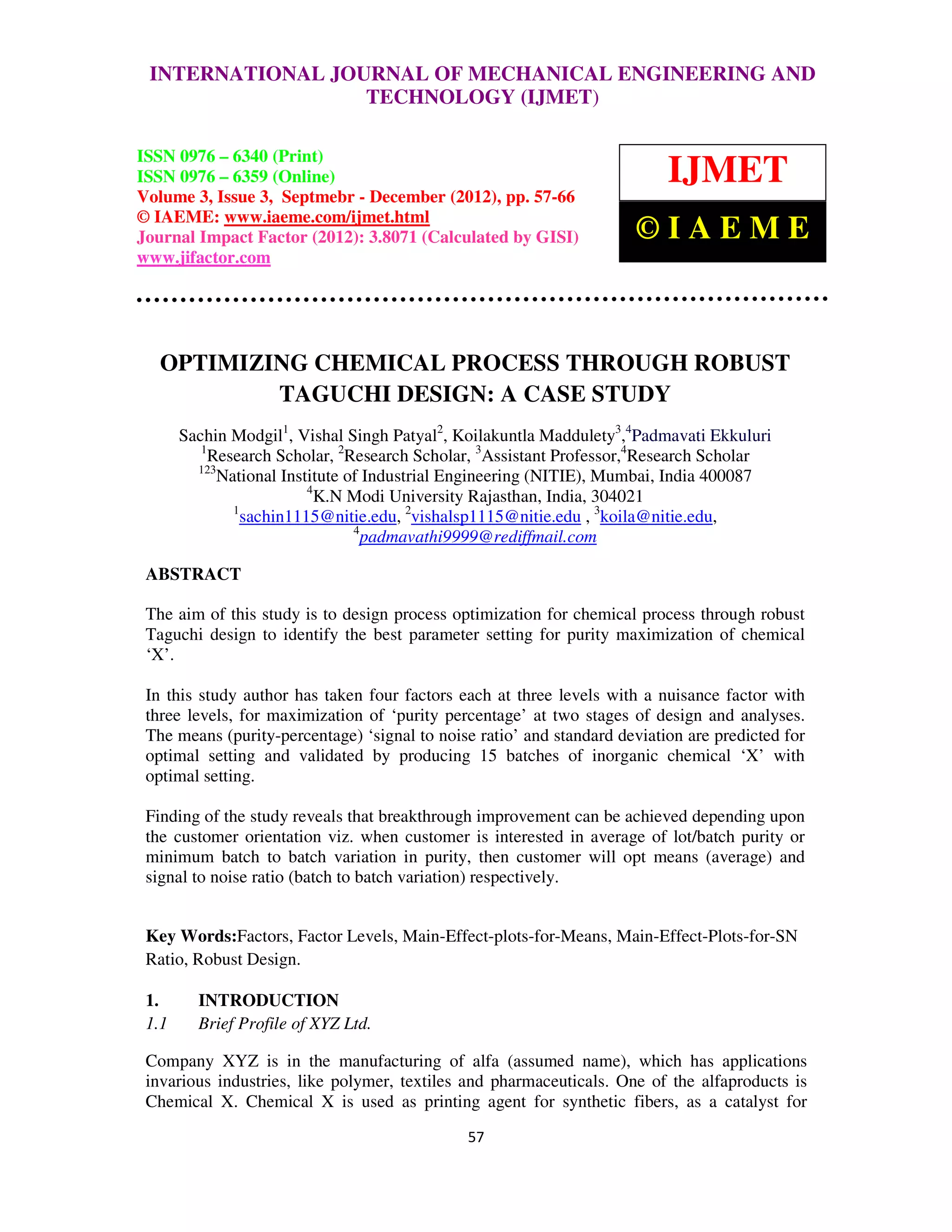 Optimizing chemical process through robust taguchi design a case study | PDF