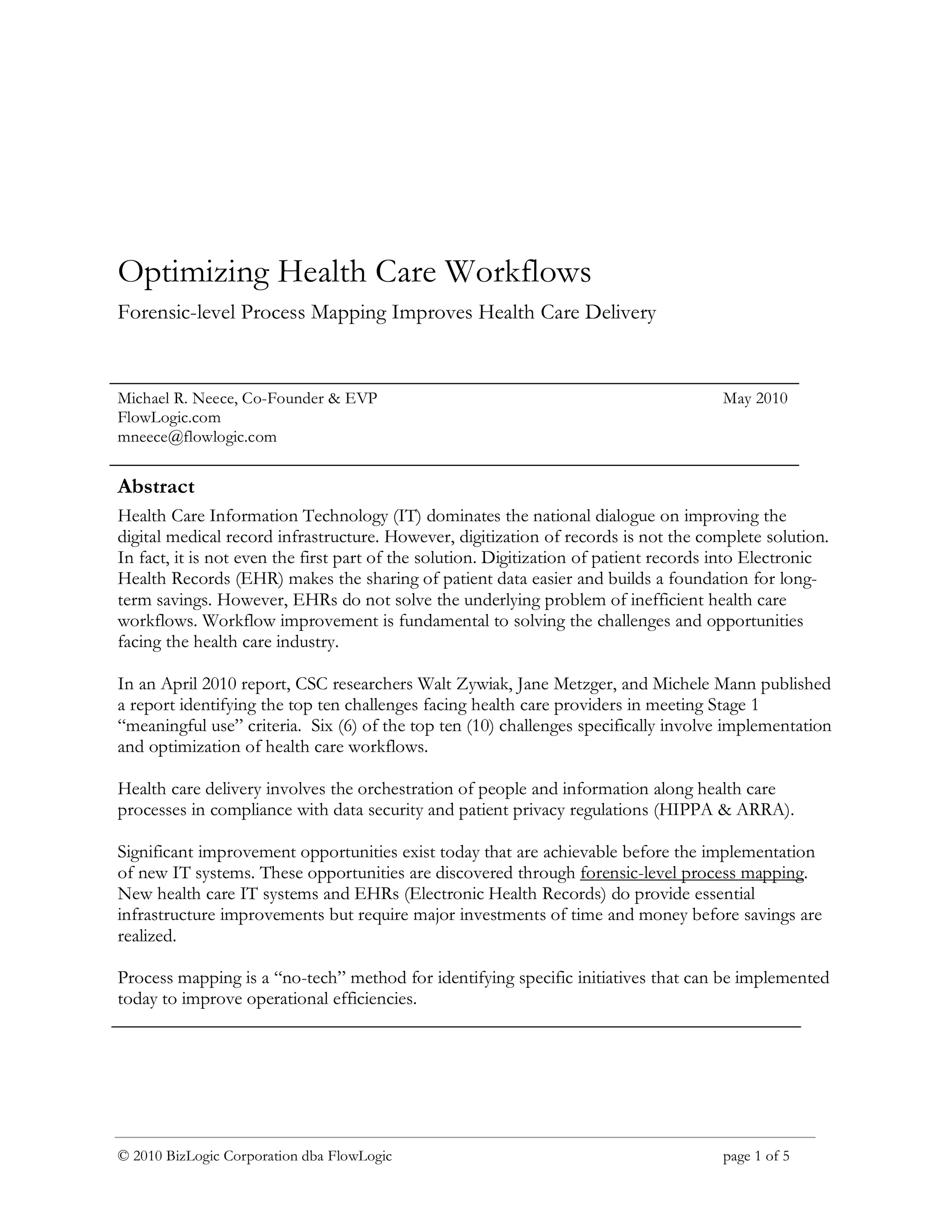Optimizing Health Care Workflows(May2010) | PDF Optimizing Health Care Workflows(May2010) | PDF