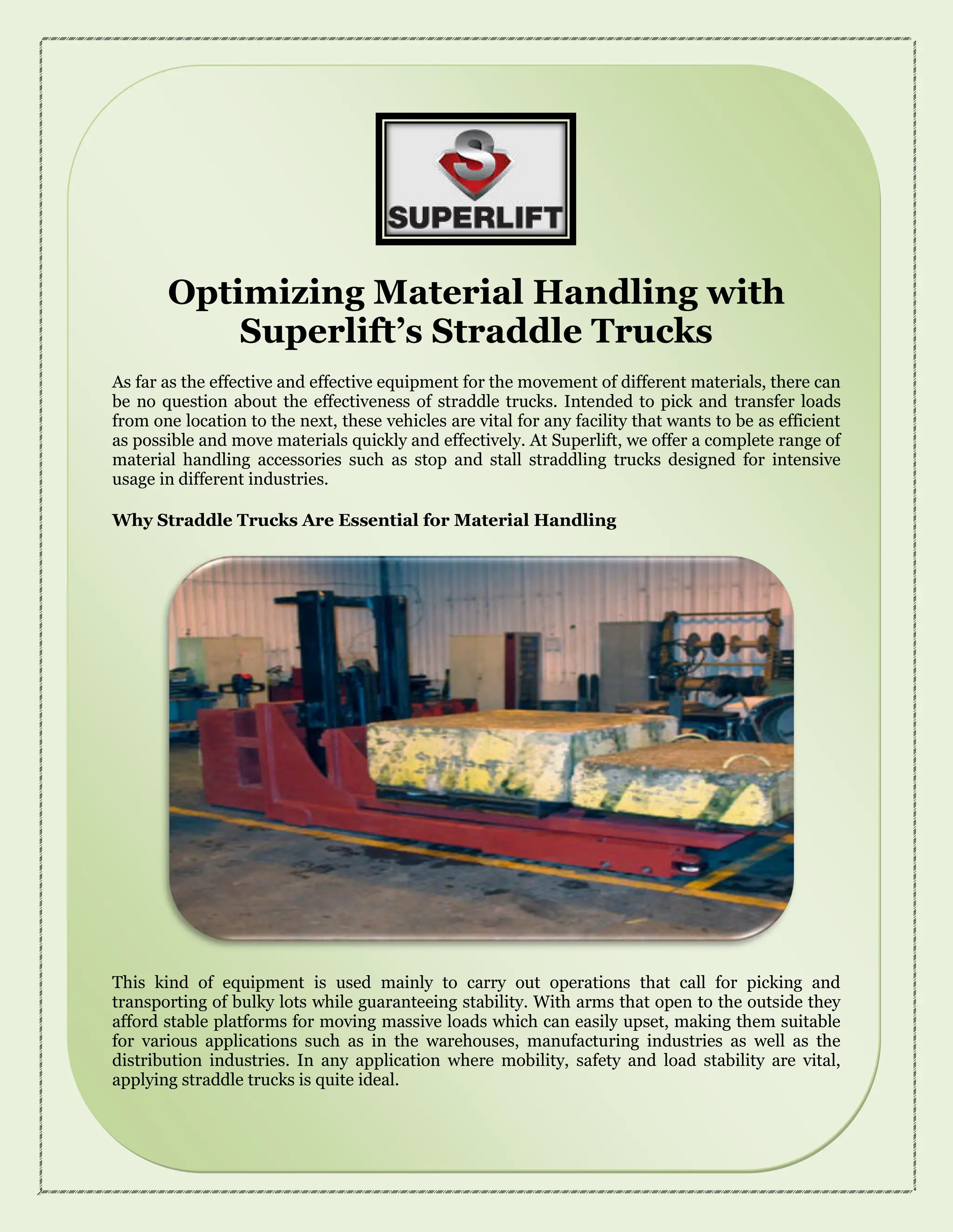 Optimizing Material Handling with Superlift’s Straddle Trucks | PDF