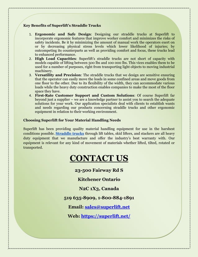 Optimizing Material Handling with Superlift’s Straddle Trucks | PDF