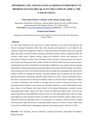 OPTIMIZING SAFE AND INCLUSIVE LEARNING ENVIRONMENT TO PROMOTE ...