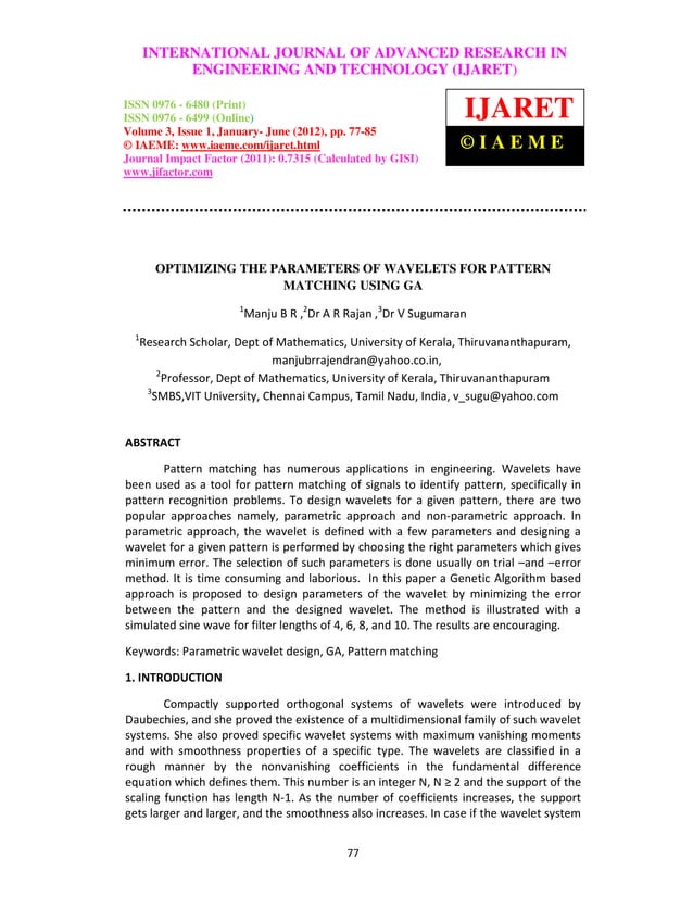 Optimizing the parameters of wavelets for pattern matching using ga | PDF | Physics | Science