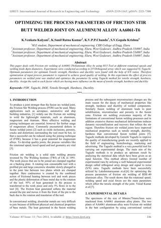 Optimizing the process parameters of friction stir butt welded joint on aluminum alloy aa6061 t6 ...