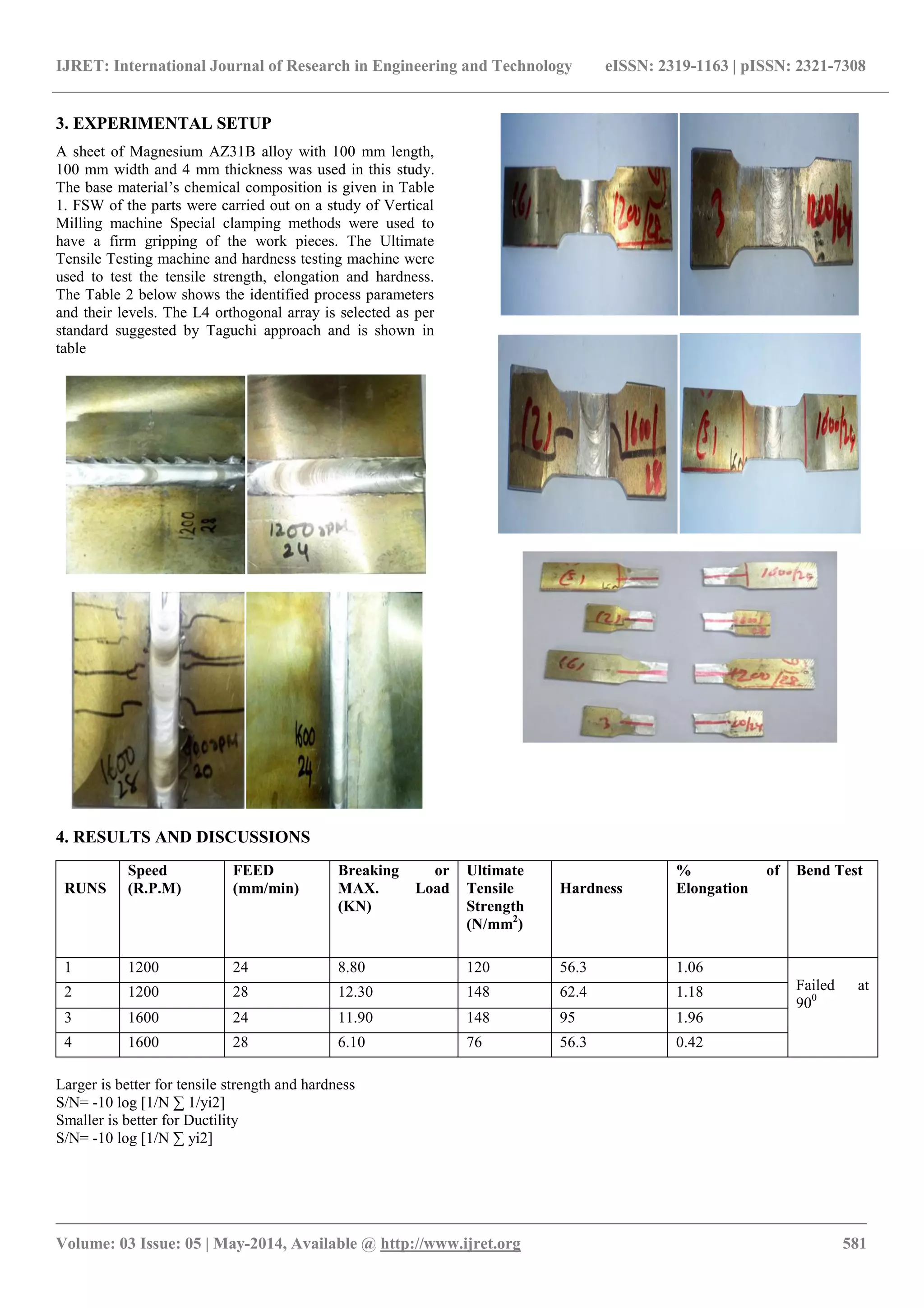 Optimizing the process parameters of friction stir welded joint of magnesium alloy az31 b | PDF