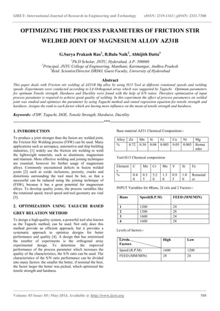 Optimizing the process parameters of friction stir welded joint of magnesium alloy az31 b | PDF