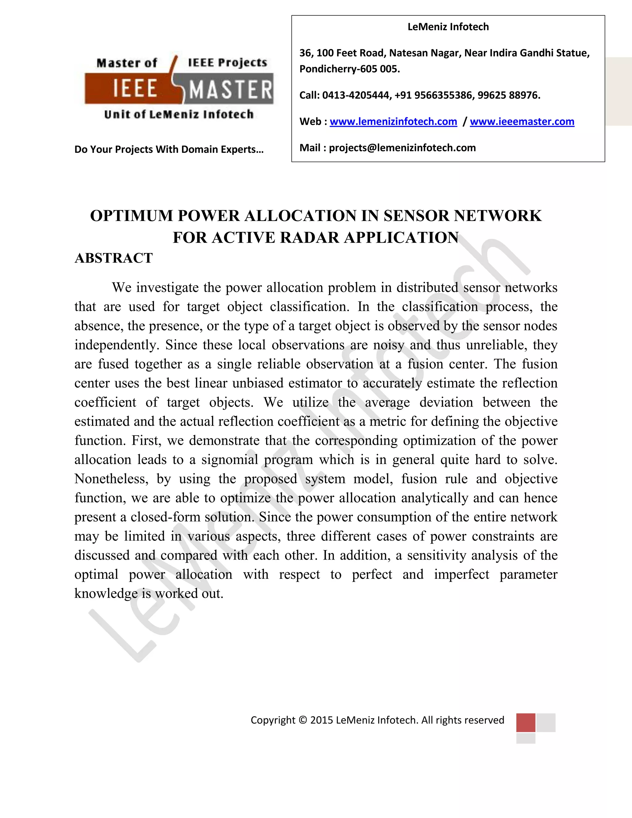Optimum power allocation in sensor network for active radar application | PDF | Computer ...