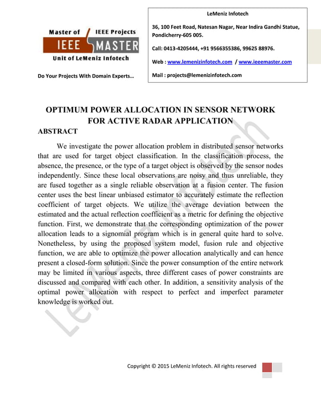 Optimum power allocation in sensor network for active radar application | PDF