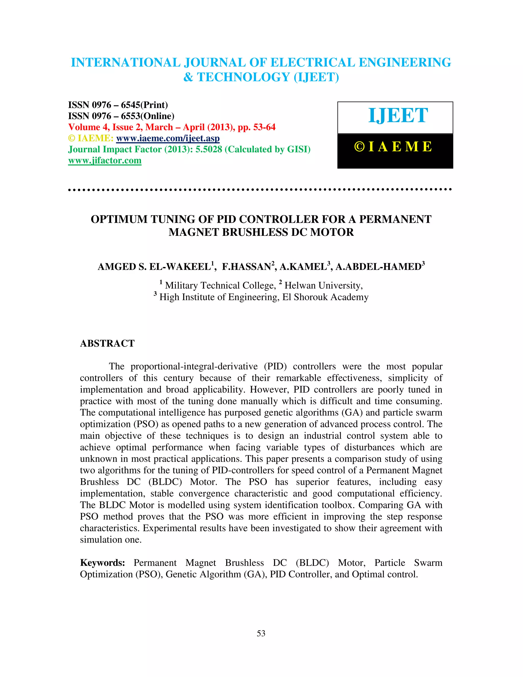 Optimum tuning of pid controller for a permanent magnet brushless dc motor | PDF