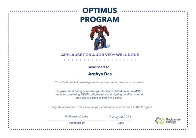 Optimus program applause certificate - arghya das (3 aug) nominated by ...