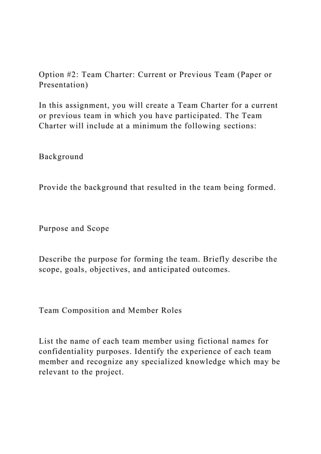 Option #2 Team Charter Current or Previous Team (Paper or Pres.docx