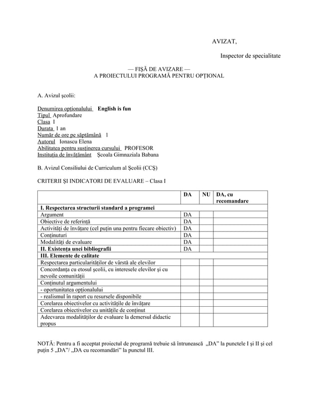 optional clasa I 2023 2024 2025 2026 2017 | DOCX