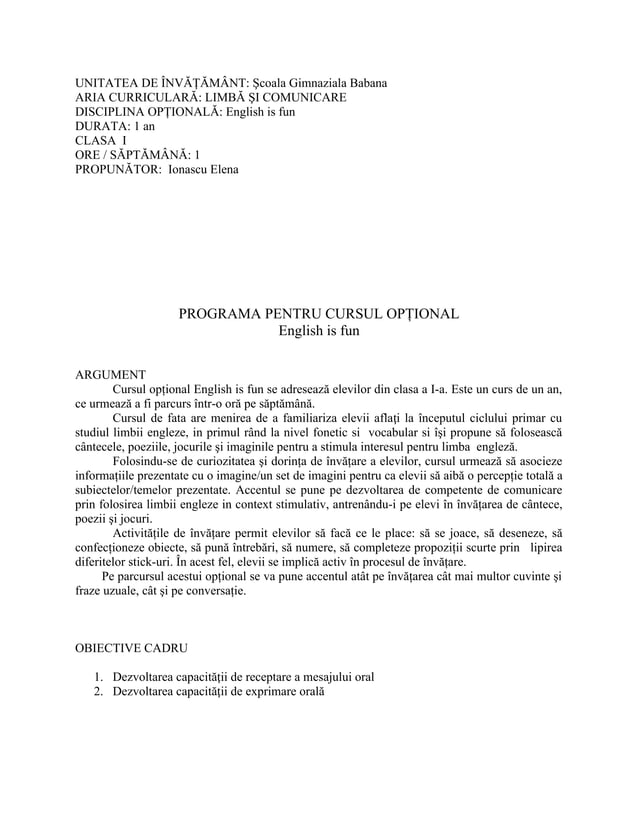 optional clasa I 2023 2024 2025 2026 2017 | DOCX