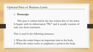 The Optional Parts of Business letter in Technical Writing | PPTX
