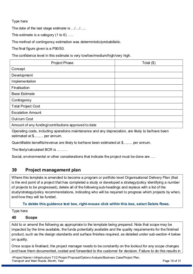 Options analysis template in major feasibility study