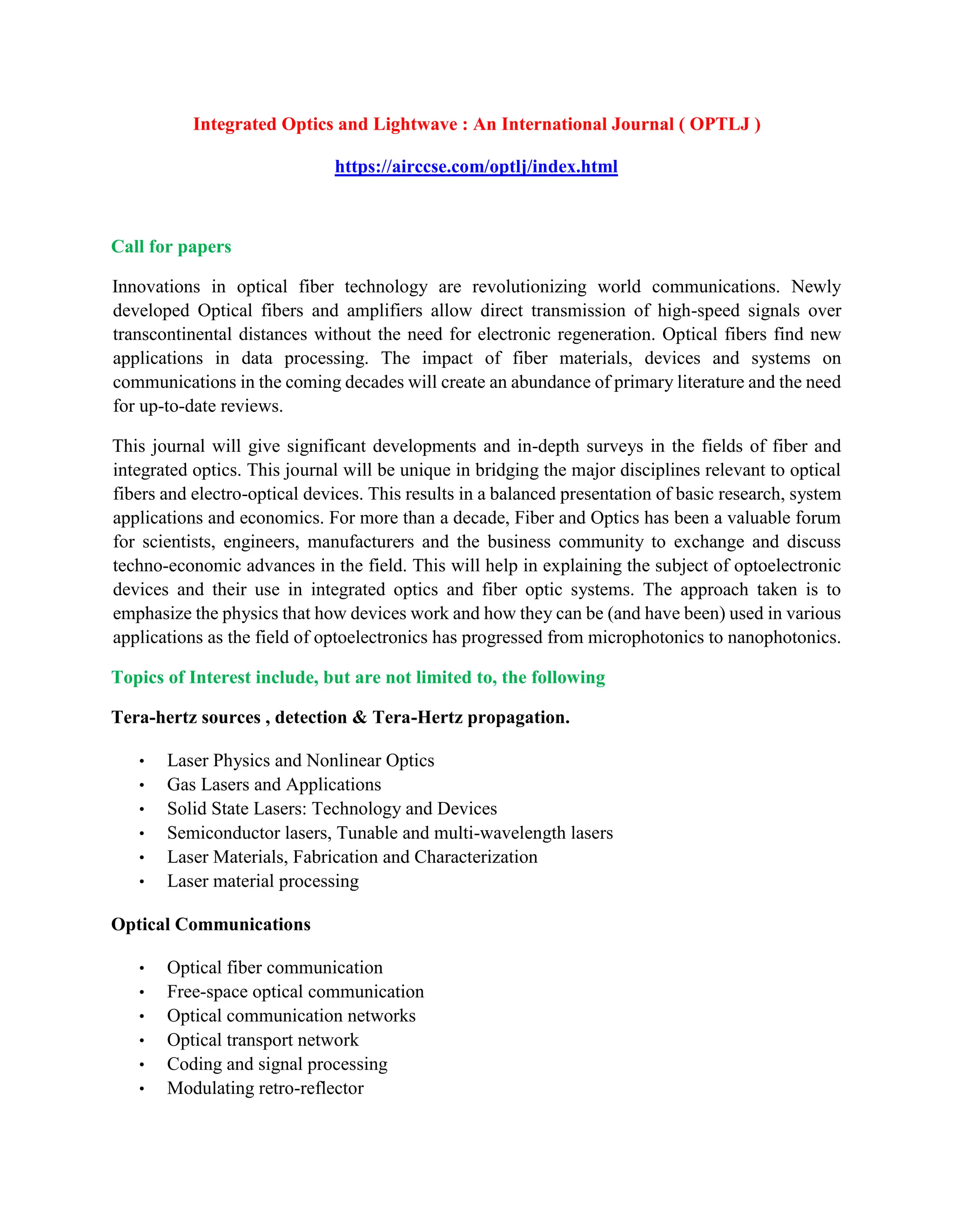 Integrated Optics and Lightwave : An International Journal ( OPTLJ ) | PDF