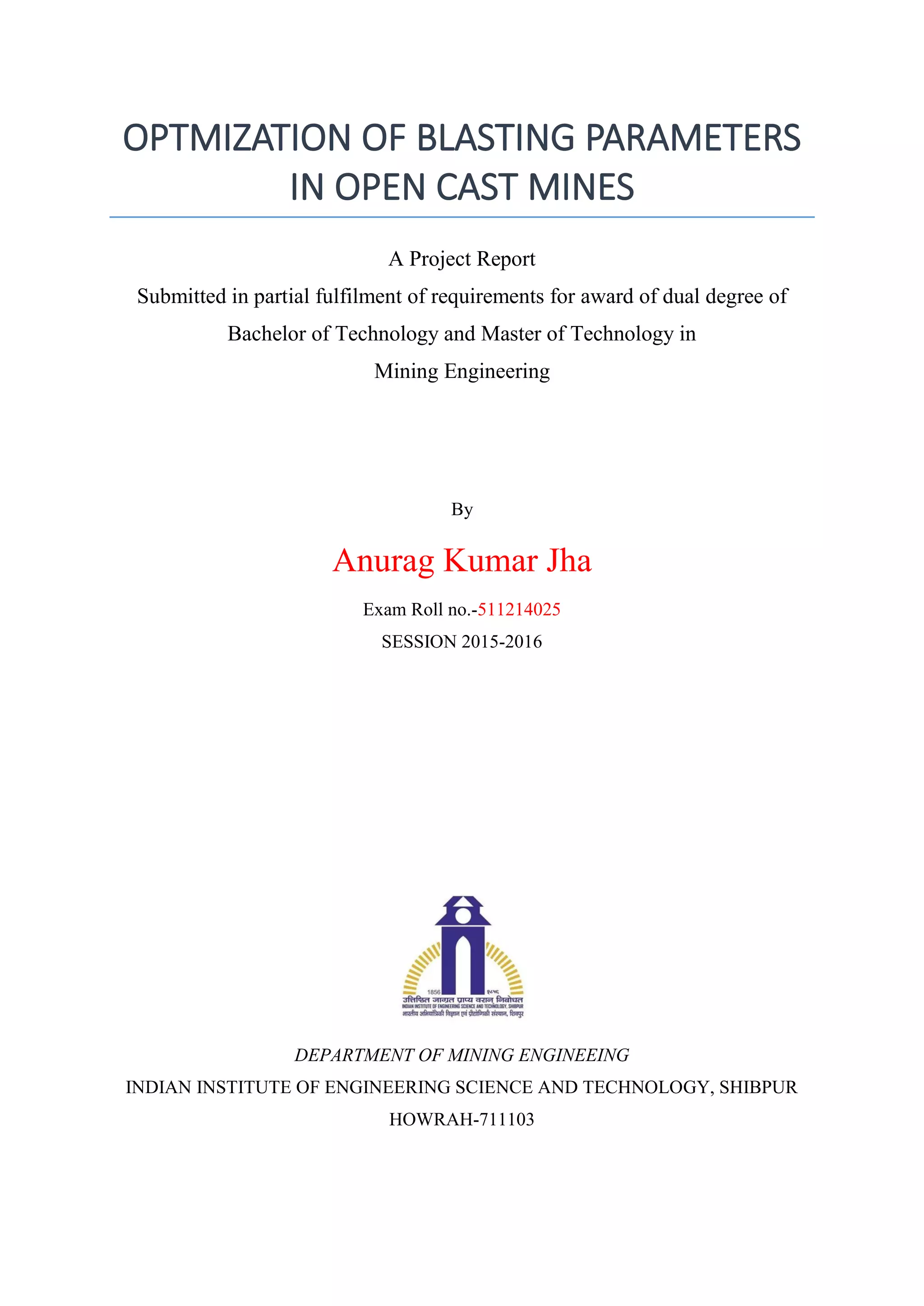 Optimization Of Blasting Parameters In Open Cast Mines Pdf