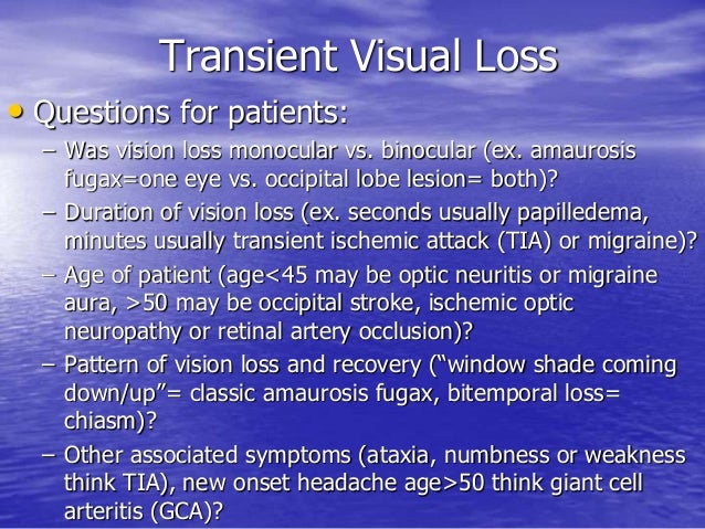Transient visual loss localization and visual field interpretation