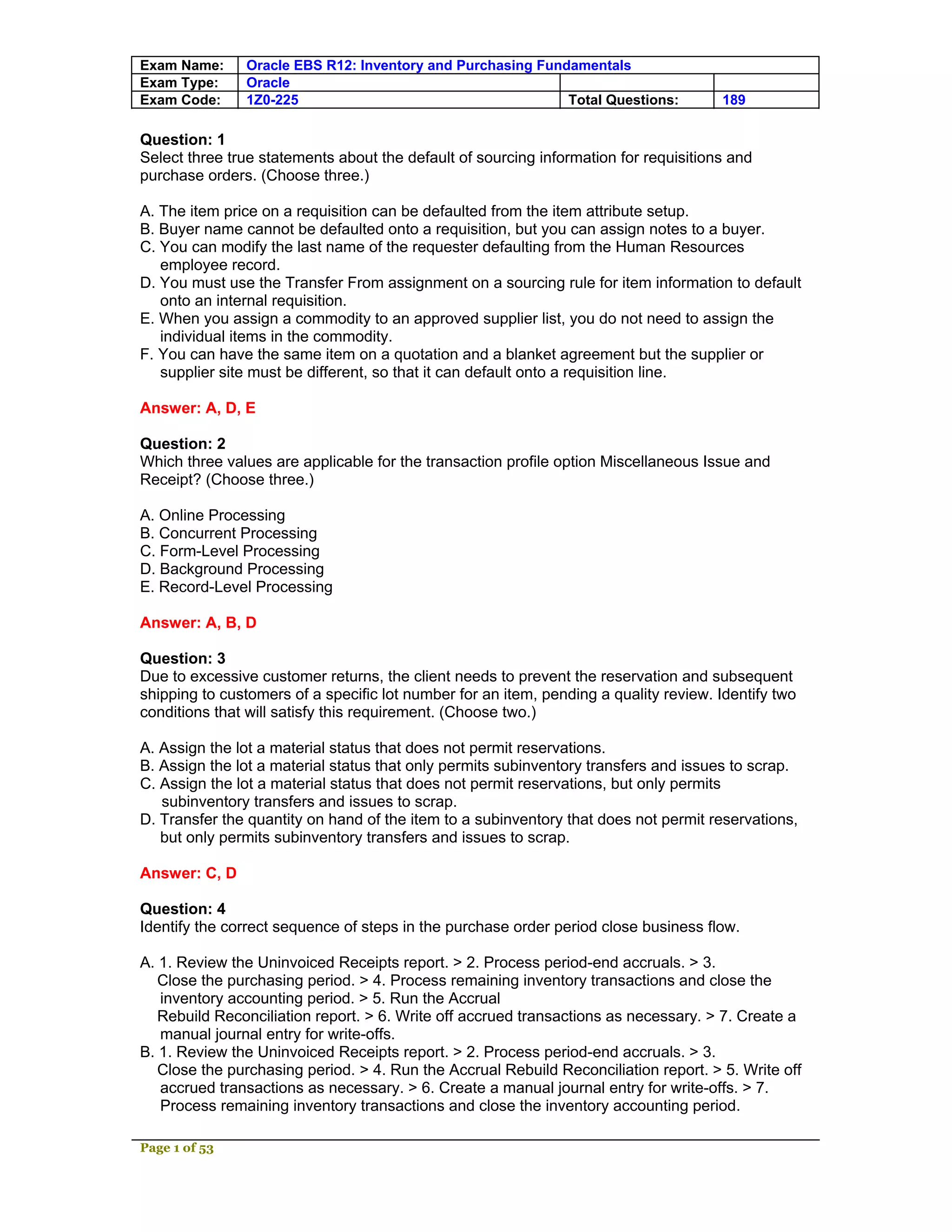 Oracel inventory and purchasing exam guide | PDF