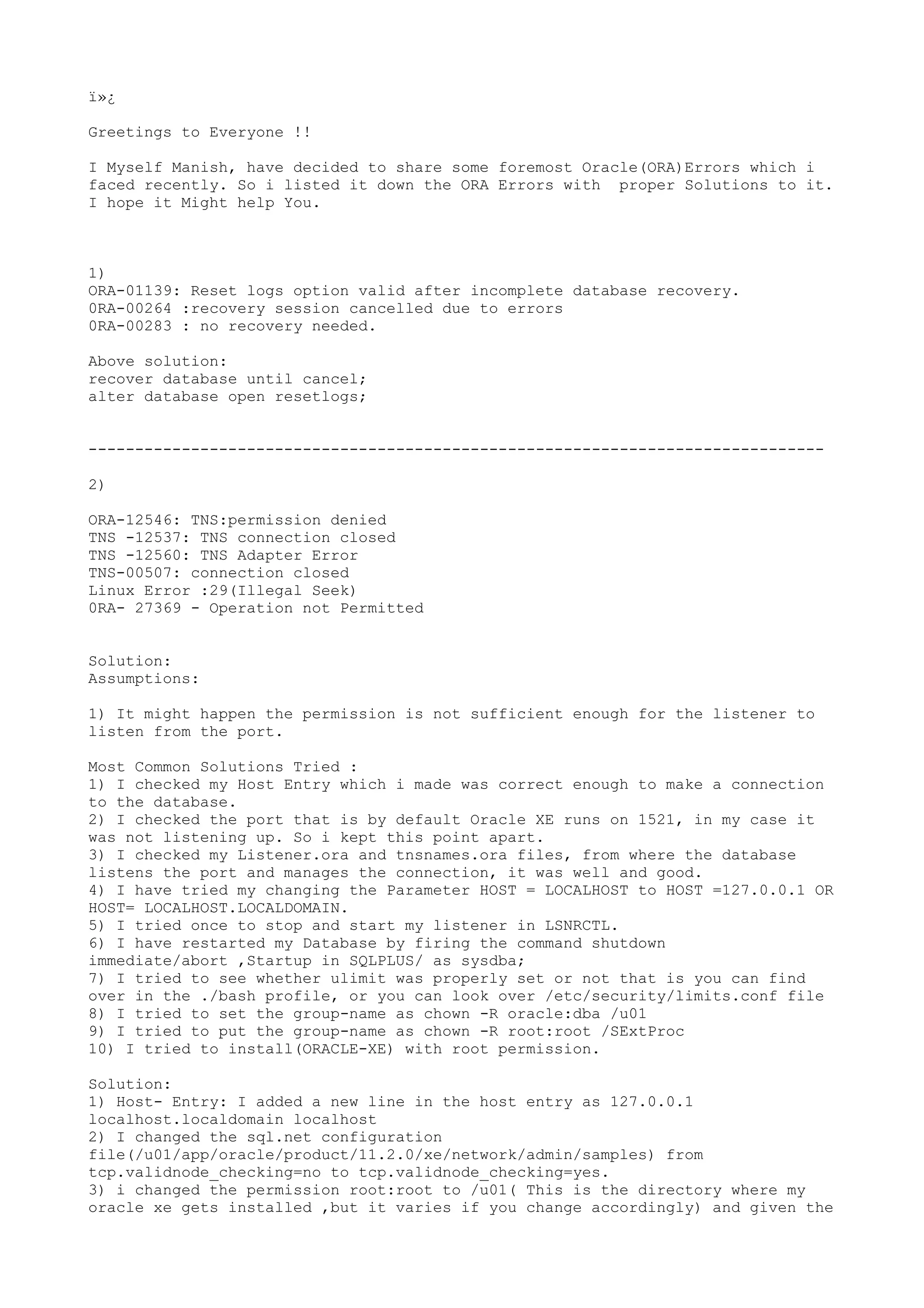 Oracle Ora Errors Txt Operating Systems Computer Software And 