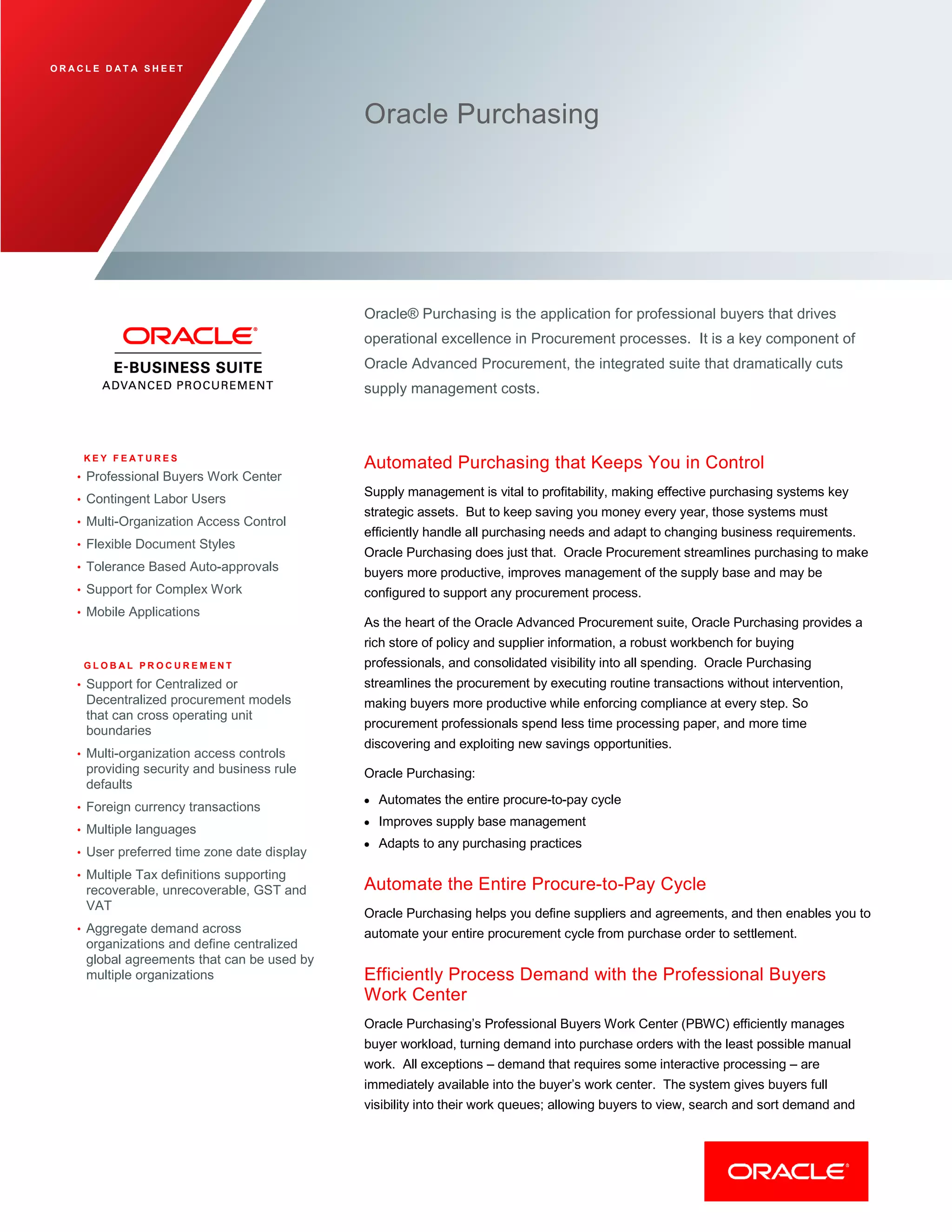 Oracle purchasing-data-sheet | PDF