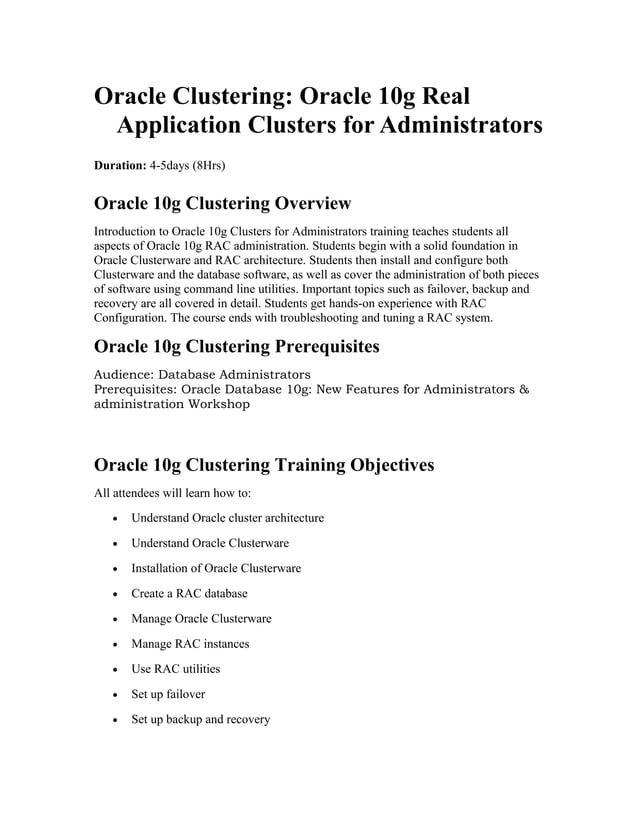Oracle10g rac course_contents | DOC | Operating Systems | Computer Software and Applications