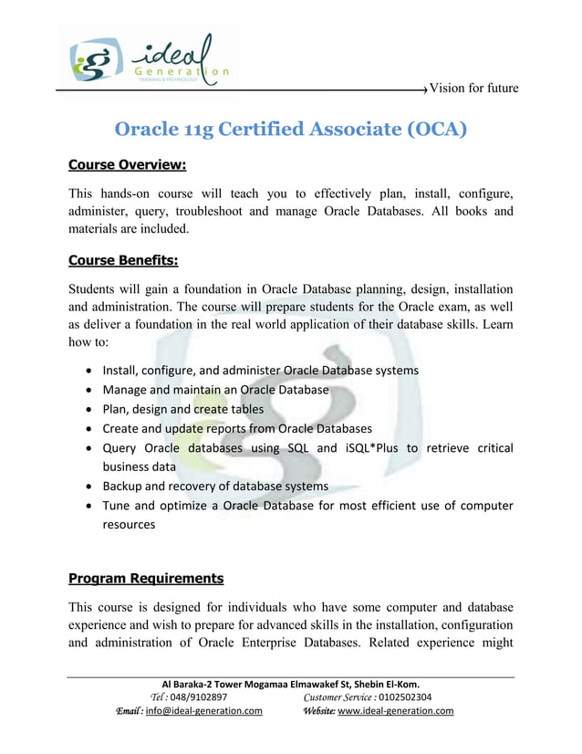 Oracle 11g certified associate (oca) | PDF