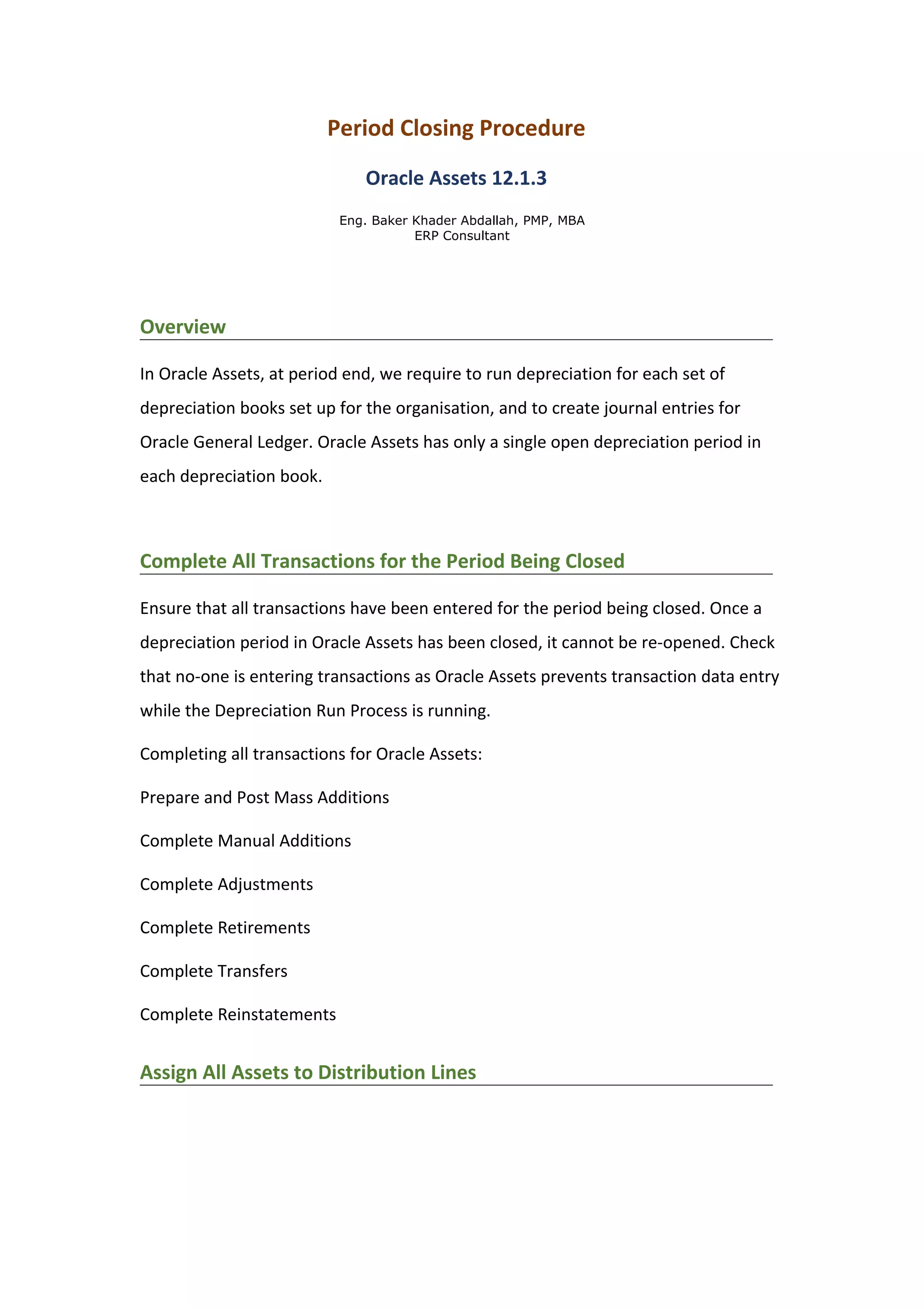 Oracle Assets Period Closing | DOC