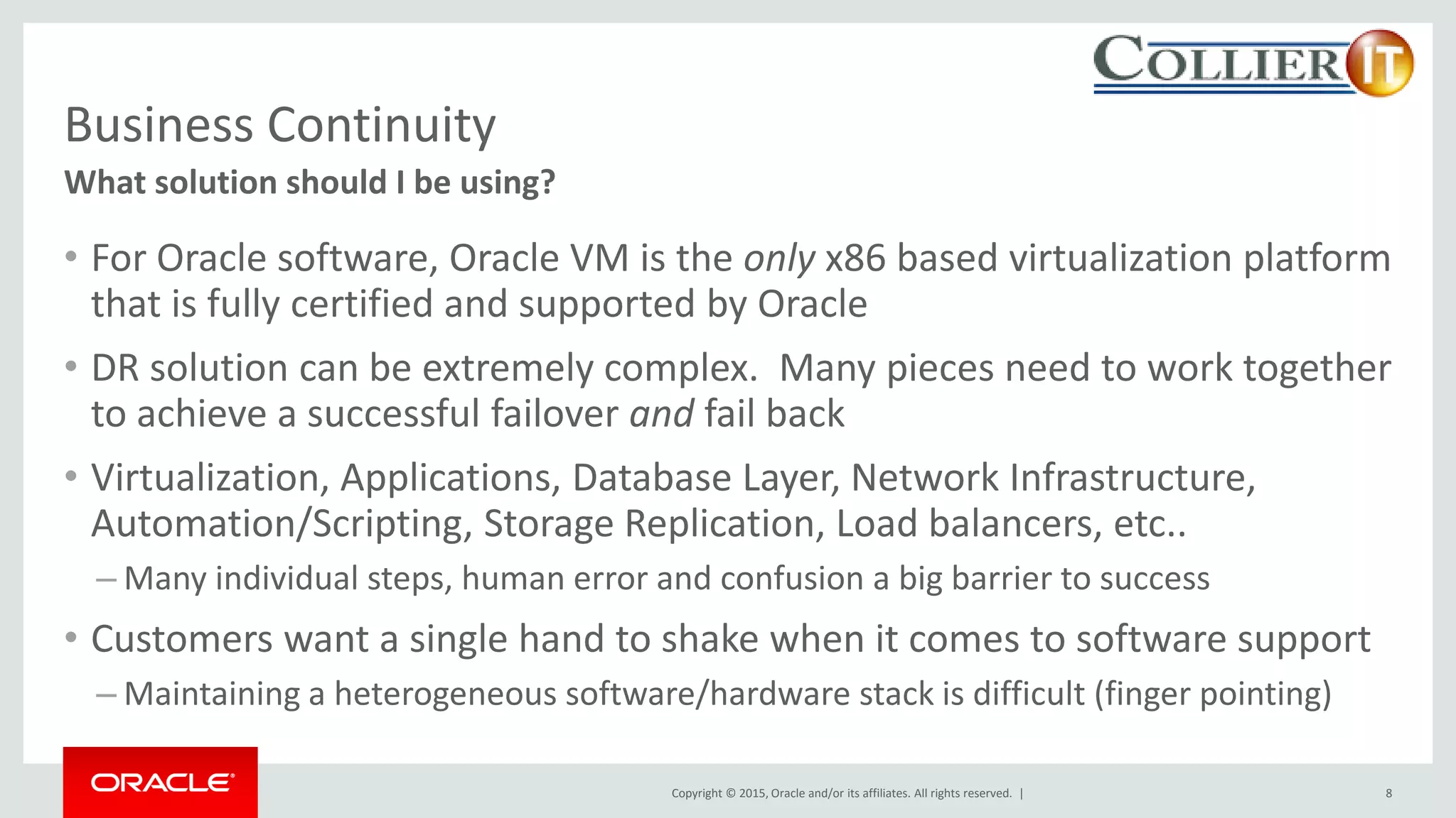 Oracle business continuity for virtualization and cloud infrastructure | PPT