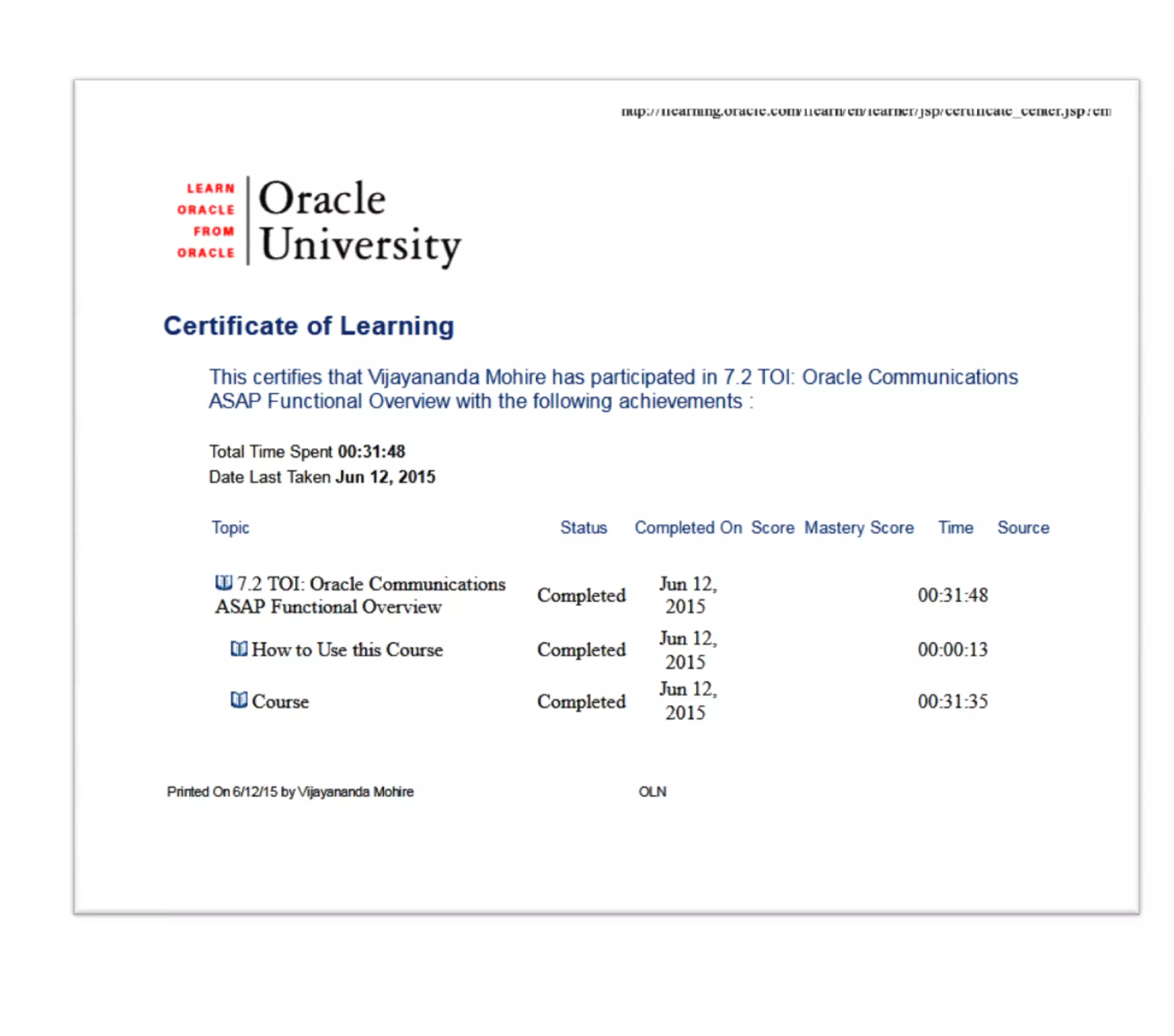 Oracle University Certificate - Communications ASAP, OSS | PDF
