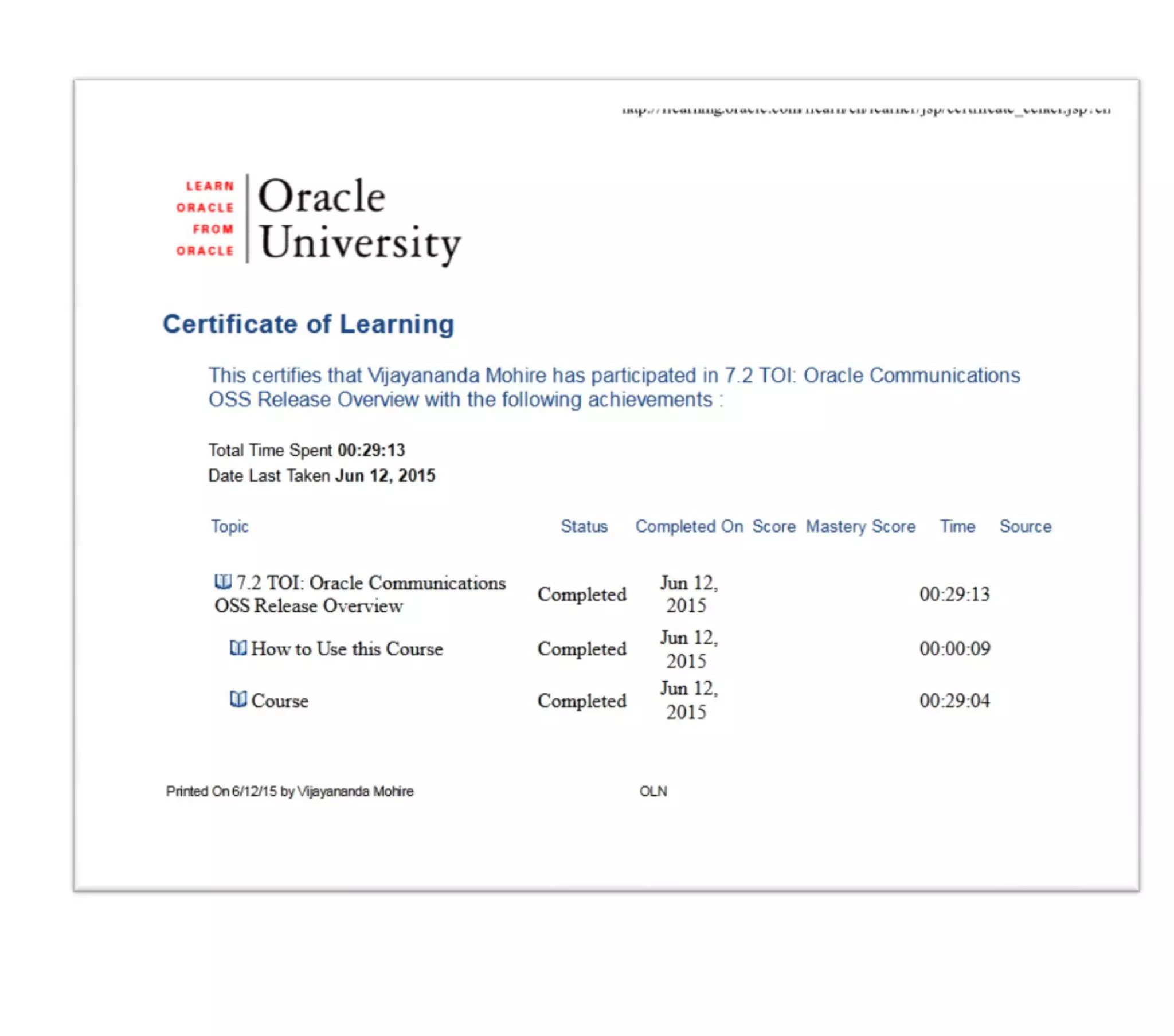 Oracle University Certificate - Communications ASAP, OSS | PDF