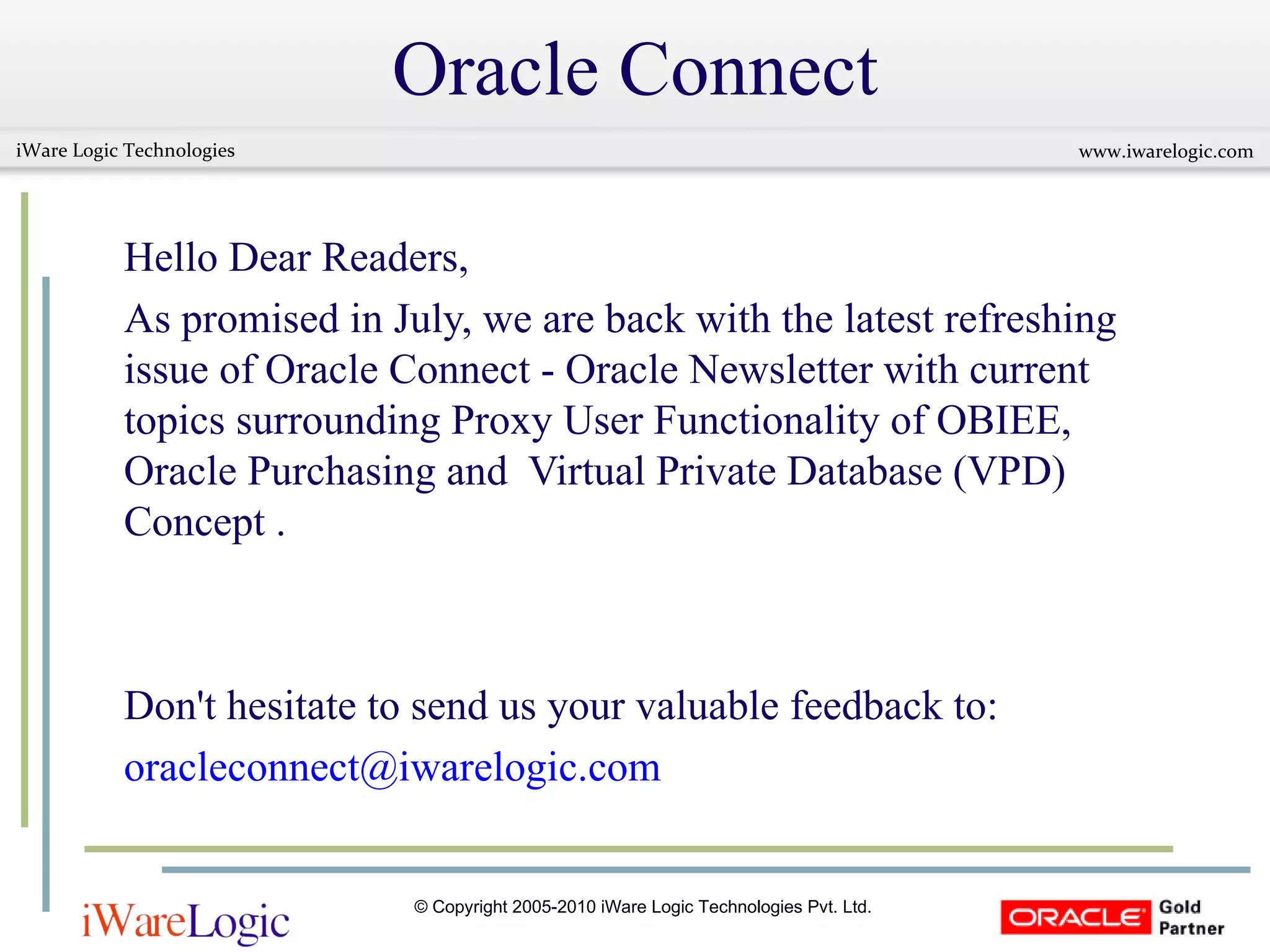 Oracle Connect Newsletter-August, 2010 issue | PPT